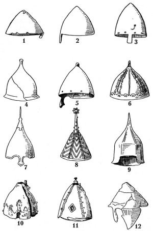 Viking, conical and Slavic helmets